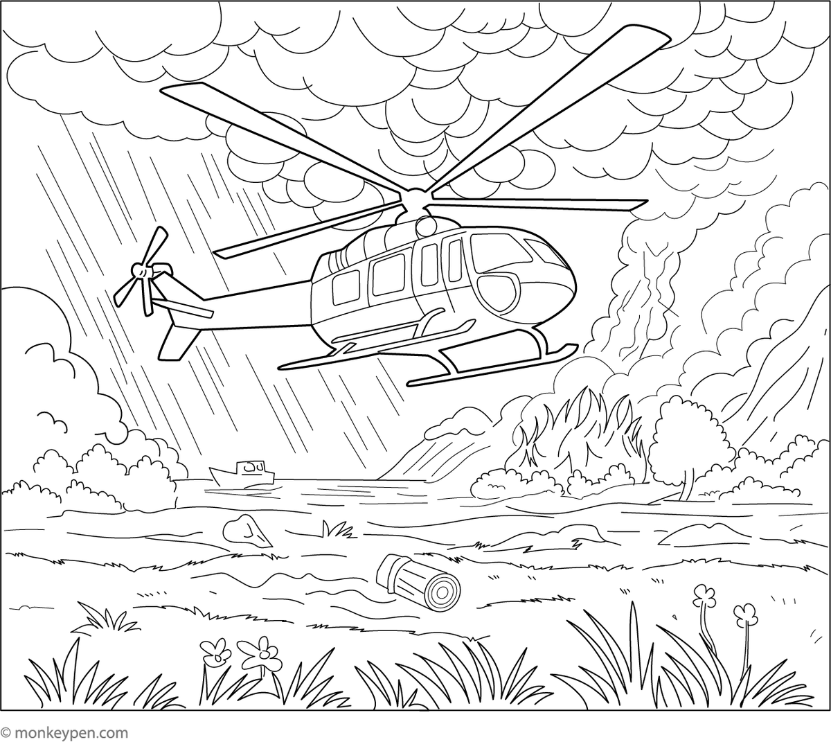 Helicopter Flying in a Stormy Sky | Free Coloring Pages