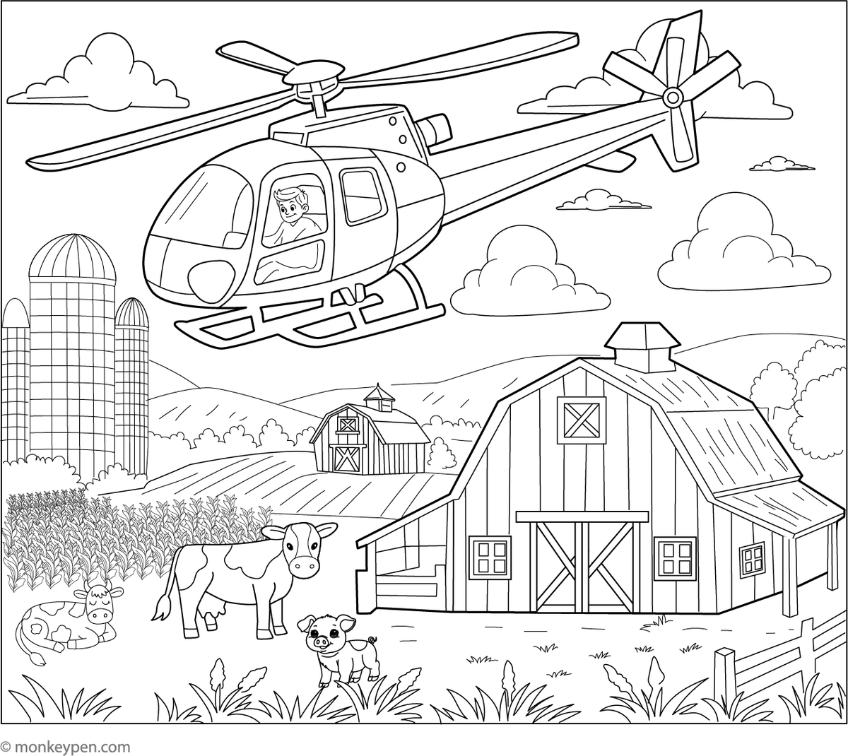 Helicopter Flying Over a Farm | Free Coloring Pages
