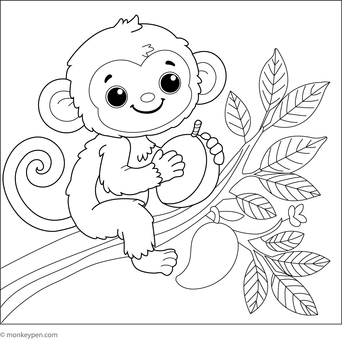 Monkey with Mango | Free Coloring Page Printable PDF