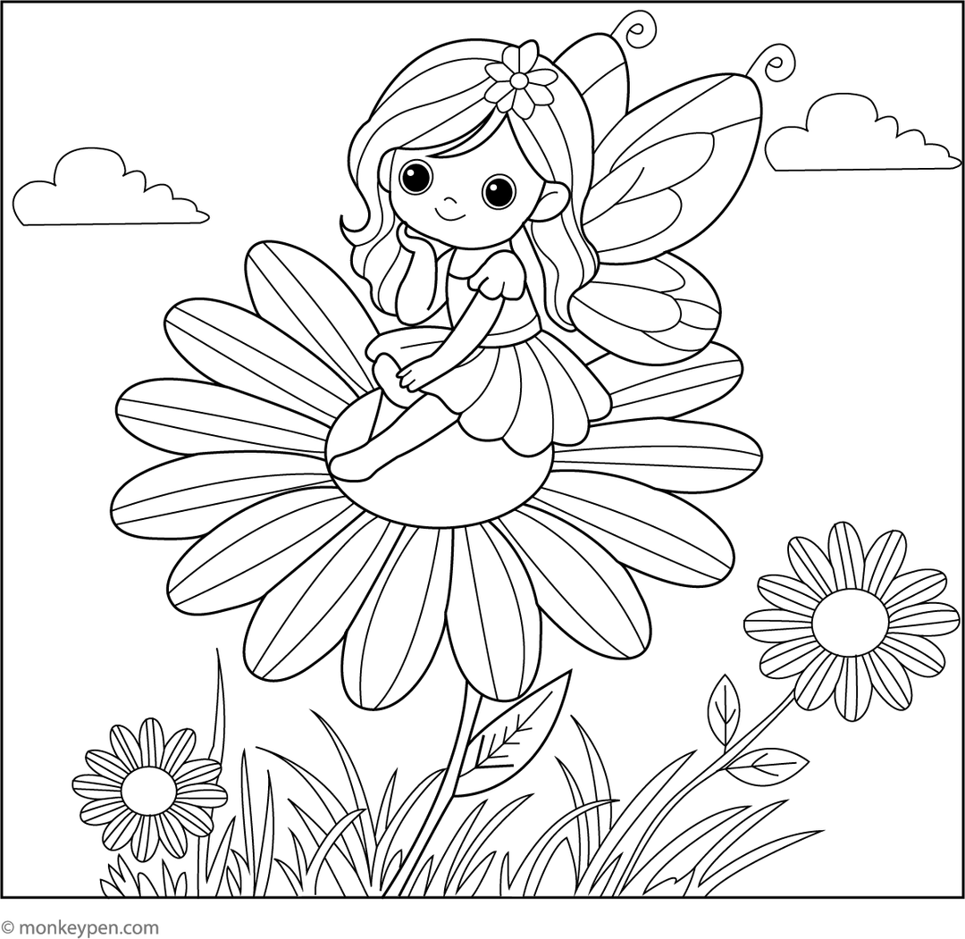 Fairy Sitting on a Daisy | Free Printable PDF Page