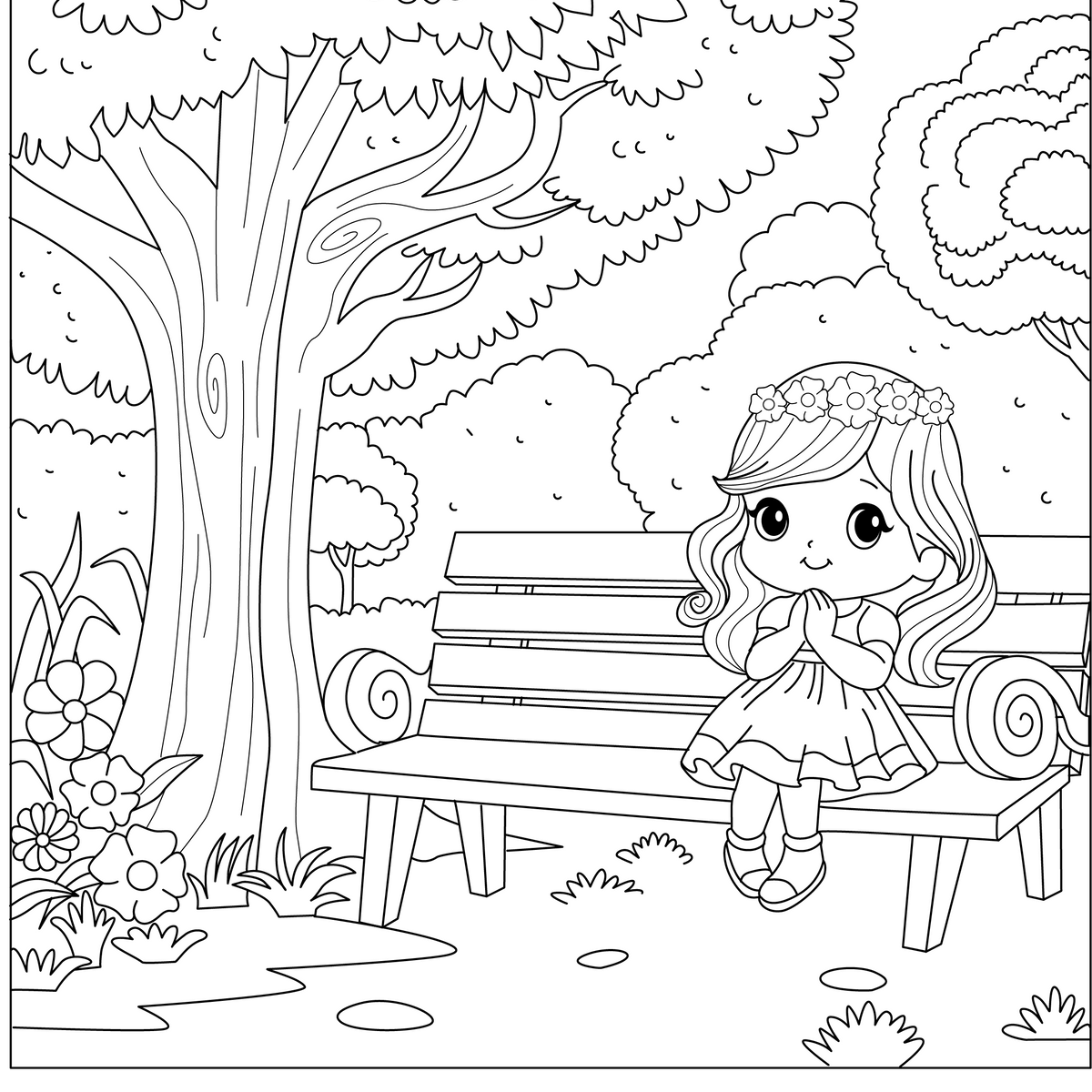 Girl On Park Bench - Free Printable Coloring Page