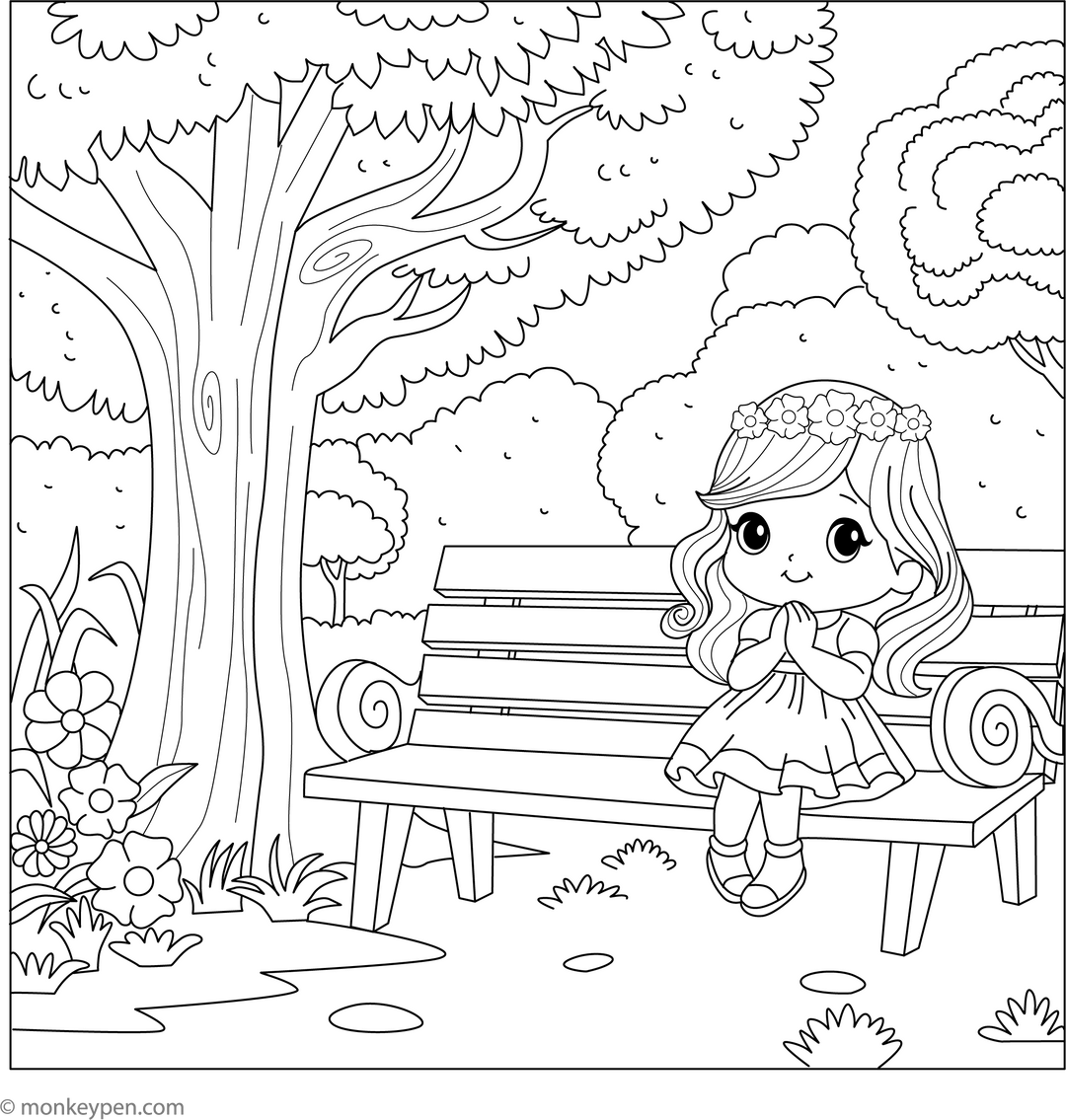 Girl On Park Bench Coloring Page | Free Coloring Pages