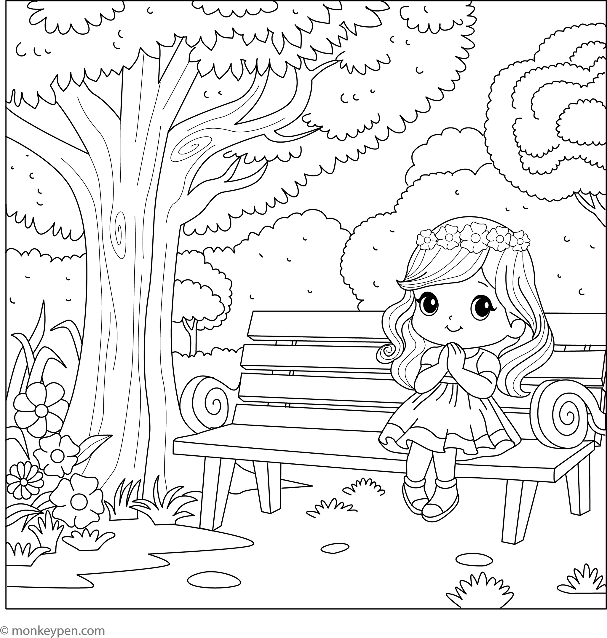 Girl On Park Bench - Free Printable Coloring Page