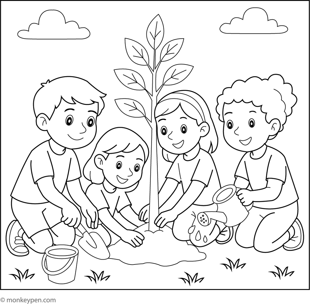 Kids Planting the Friendship Tree | Free Coloring Pages