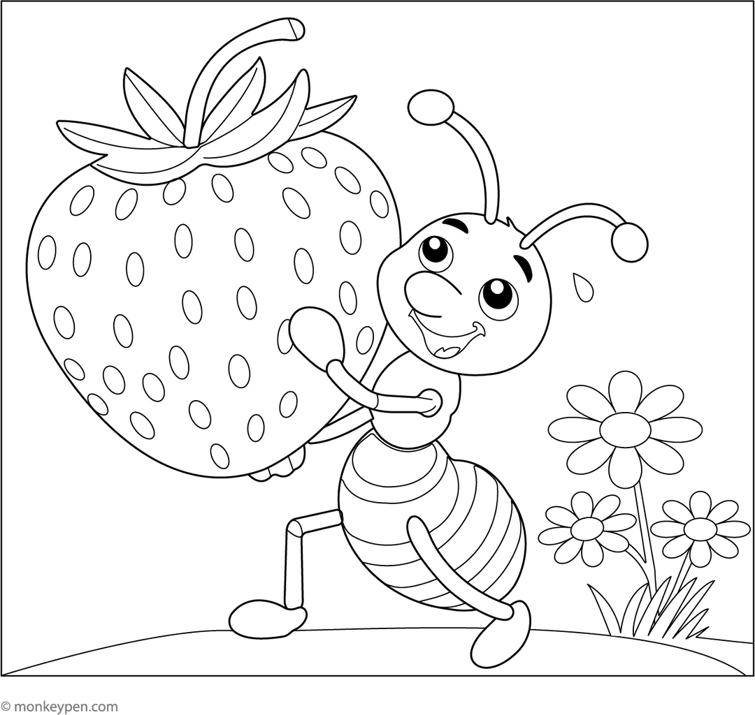 Ant Lifting A Strawberry Coloring Page