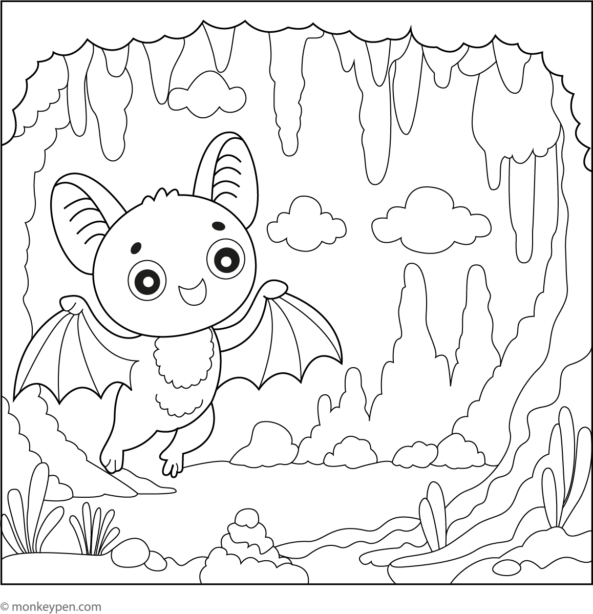 Cut Bat Exploring Cave Coloring Page