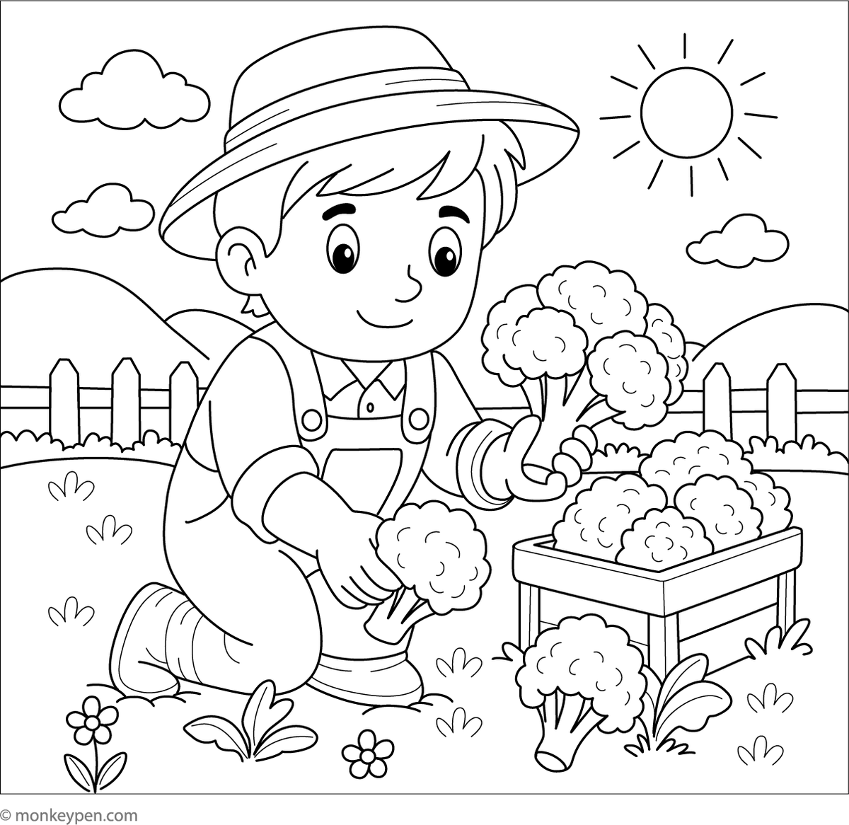 Row of Broccoli in a Vegetable Patch | Free Coloring Pages
