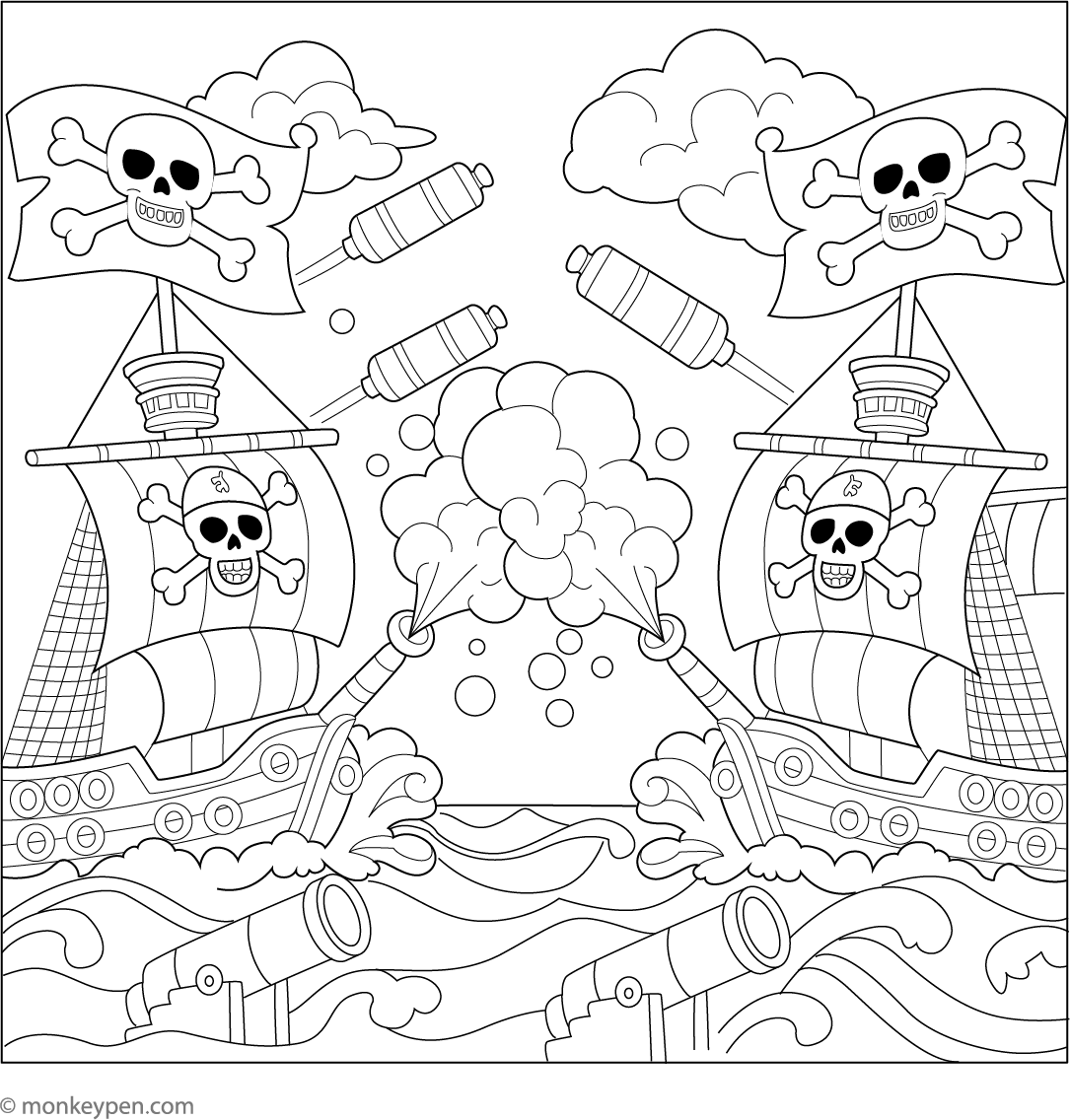 Pirate Ship Battle with Cannons | Free Coloring Pages