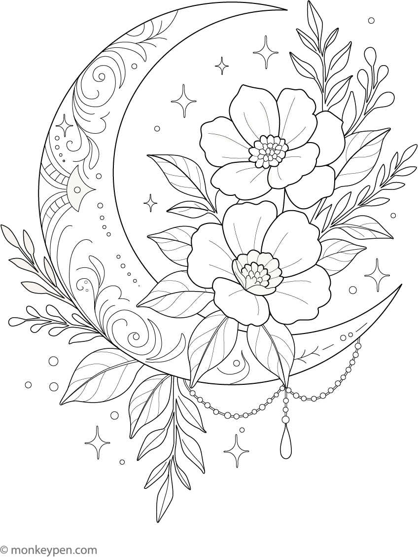 Moon and Flower Tattoo | Free Coloring Pages