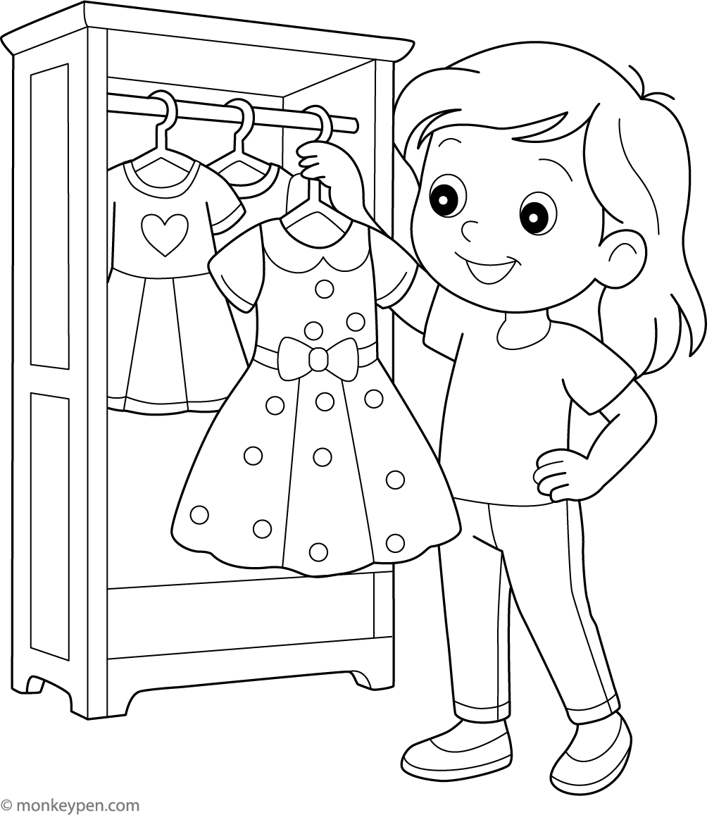 Girl Picking a Dress from Her Wardrobe | Free Coloring Pages