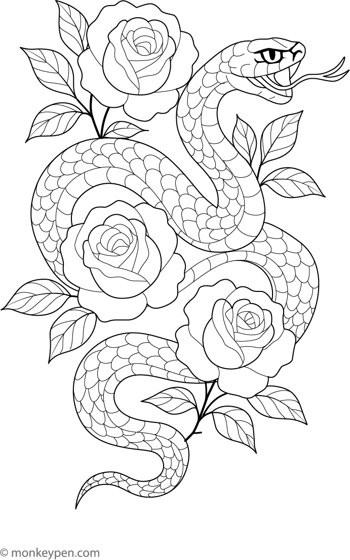 Snake Wrapped Around Roses Tattoo | Free Coloring Pages