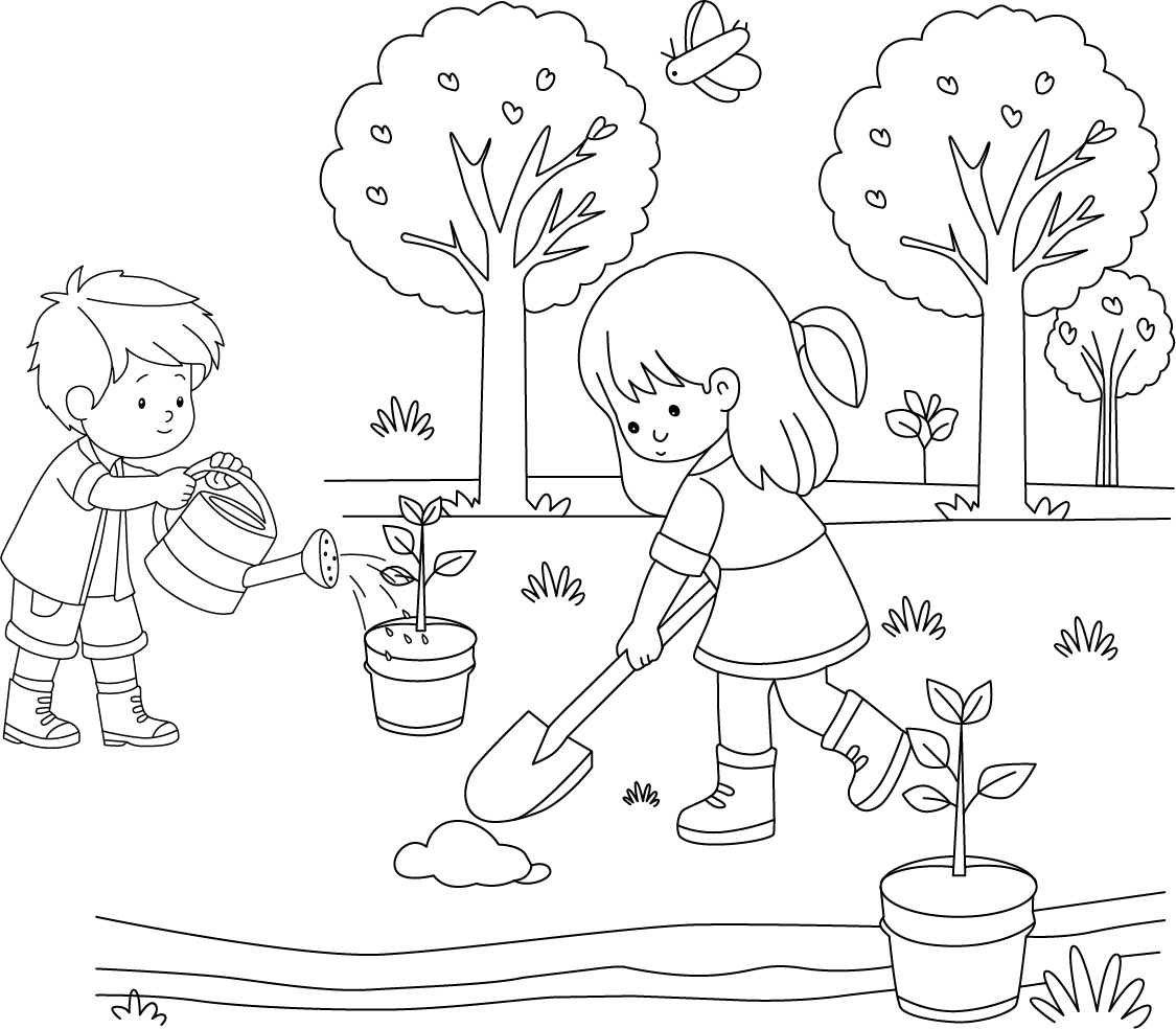 Kids Planting Trees Coloring Page