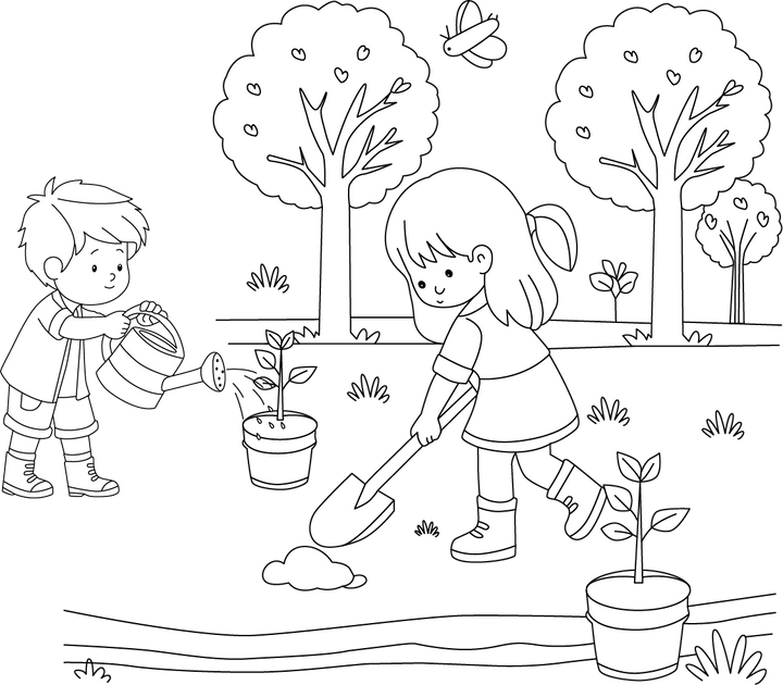 Kids Planting Trees Coloring Page