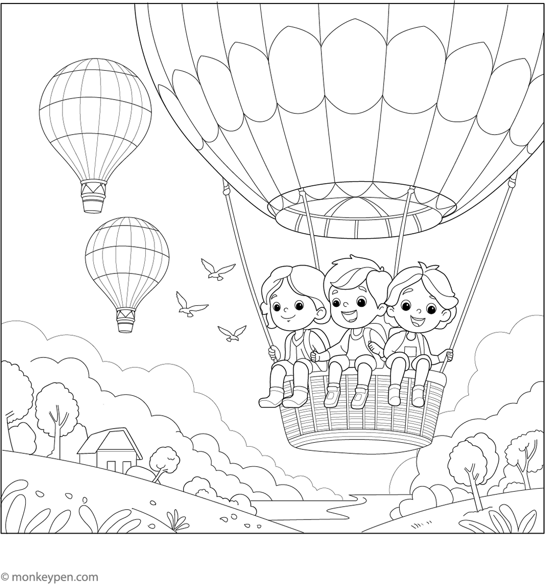 Kids In Hot Air Balloon Coloring Page