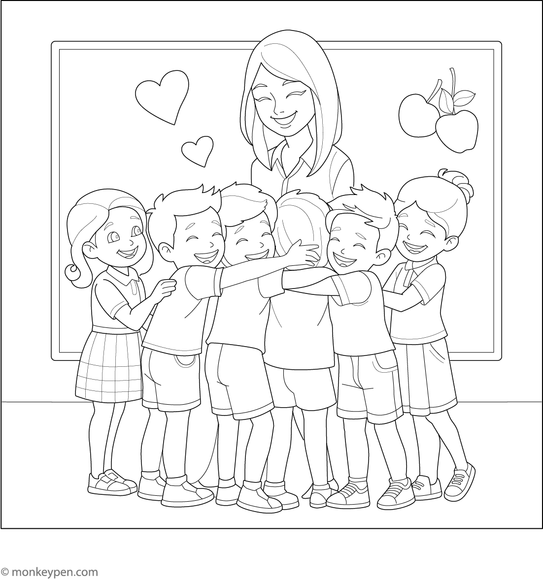 Kids Hugging Teacher Coloring Page