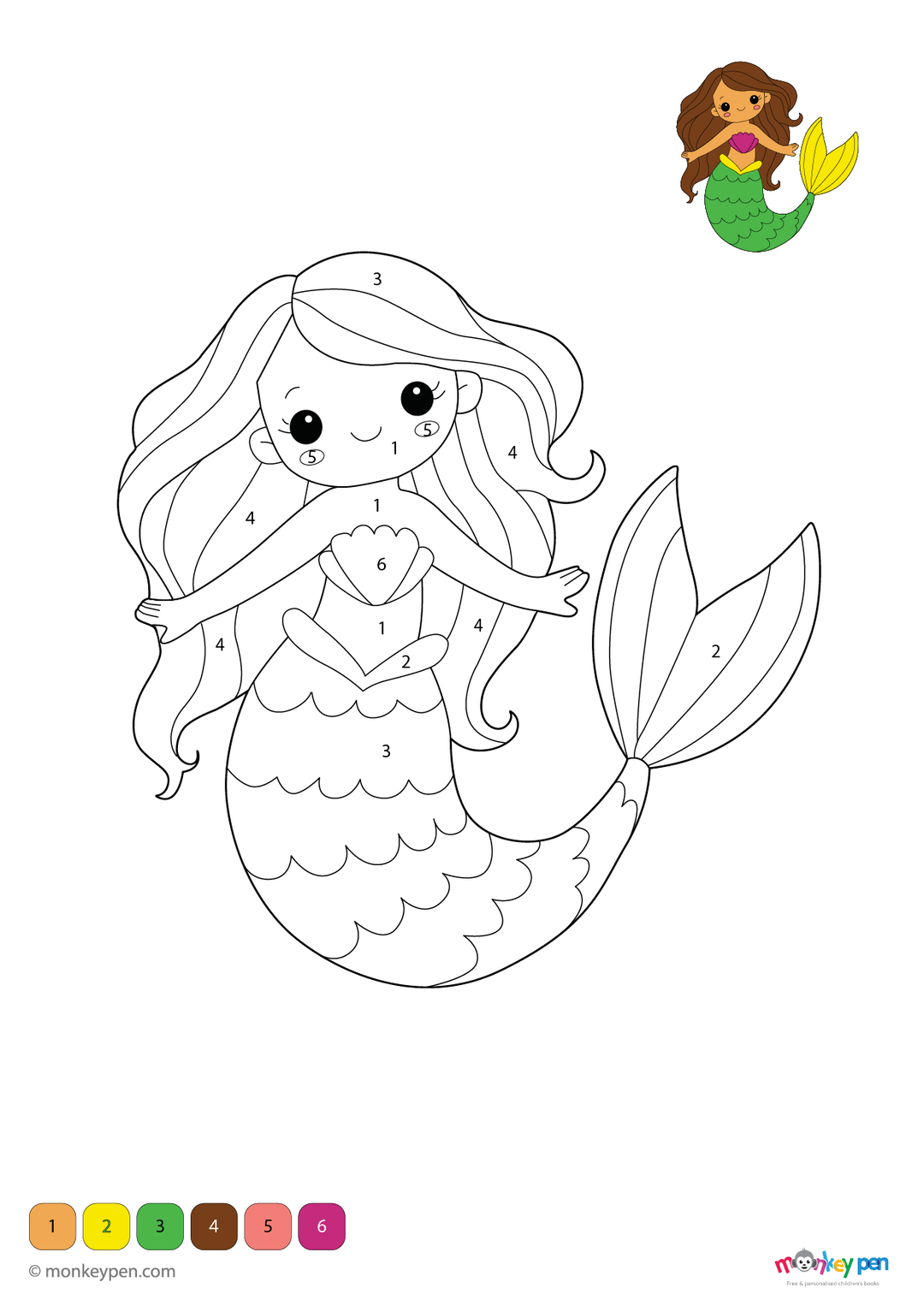 Mermaid Color by Number - Free Printable Coloring Pages
