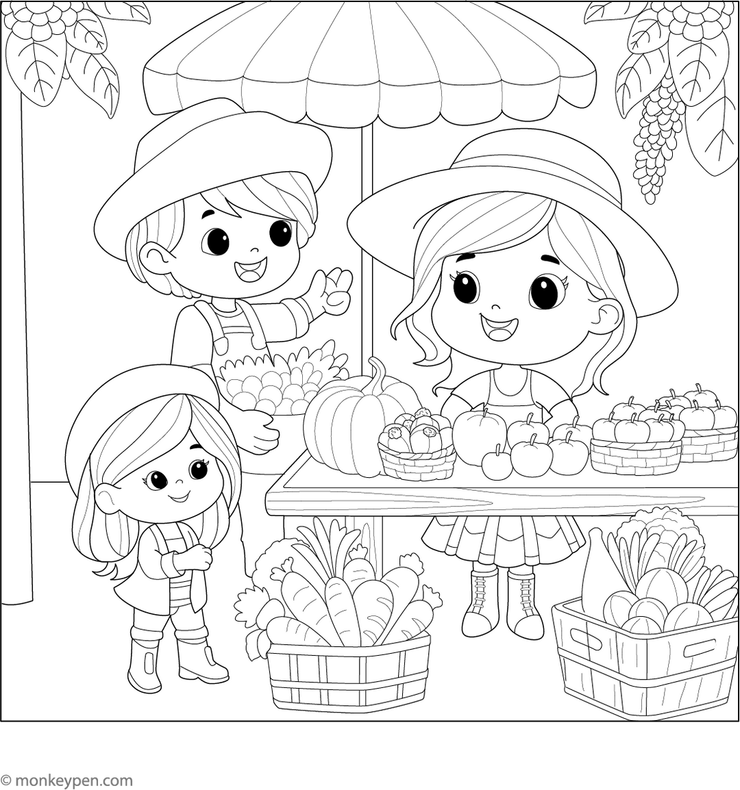 Farmers Market Coloring Page – Free PDF for Kids Fun