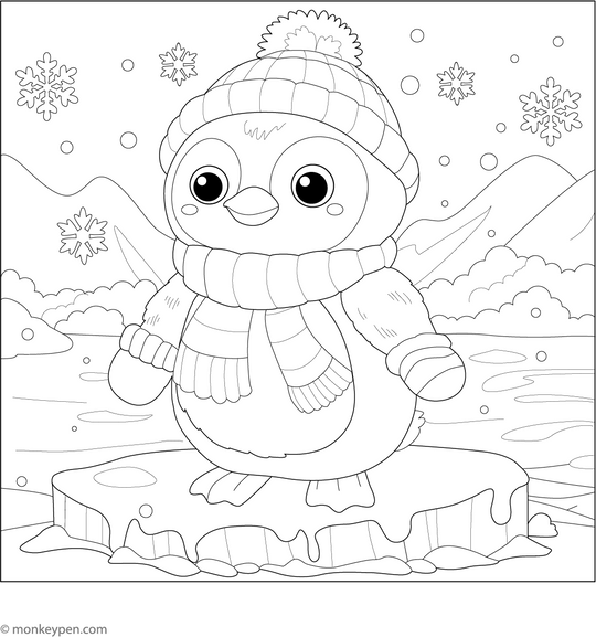Winter Penguin Free Printable Coloring Page PDF for Kids