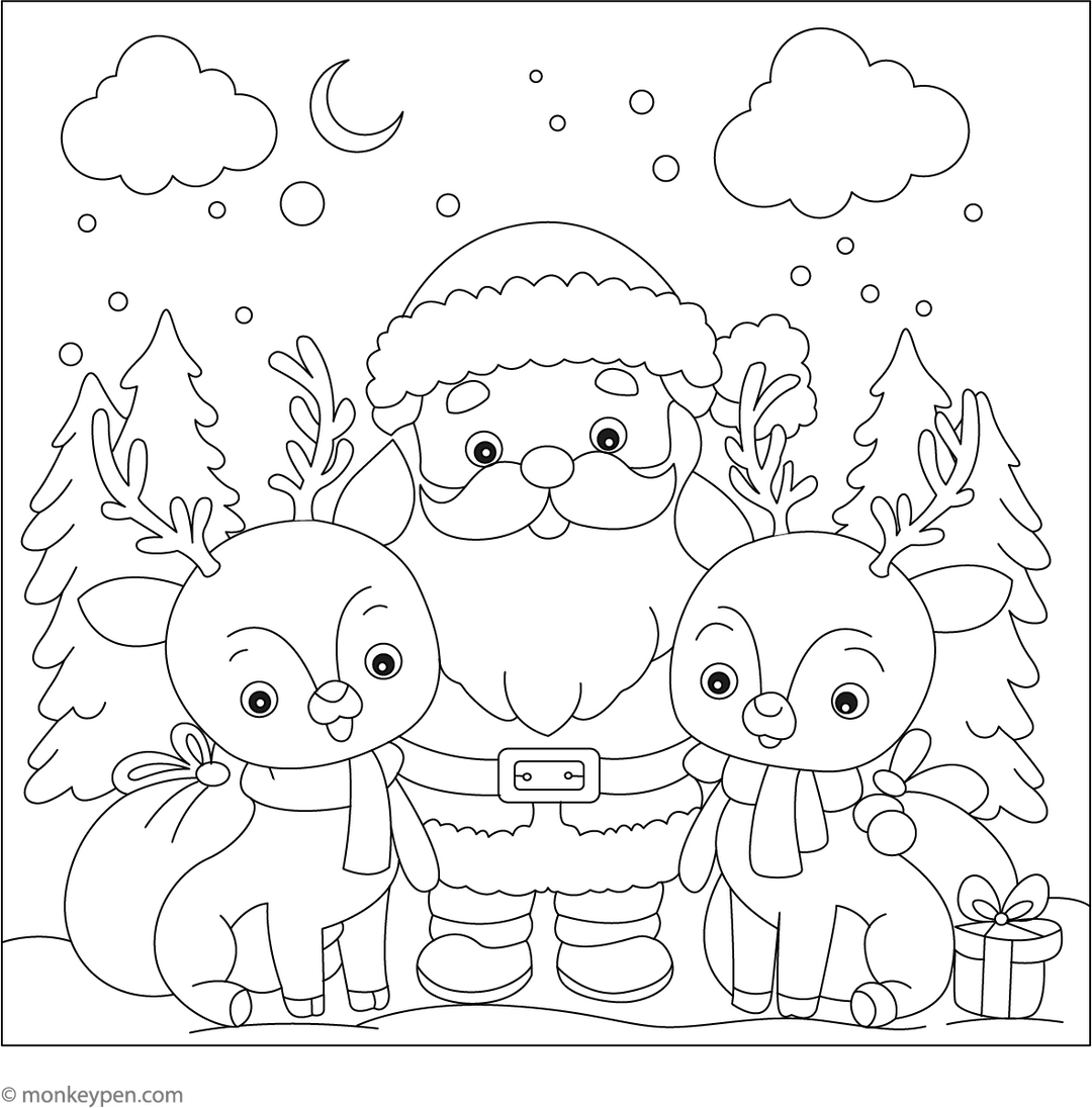 Santa And Reindeer Coloring Page