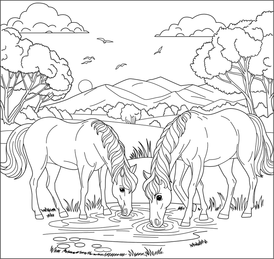 Horses In Forest Coloring Page