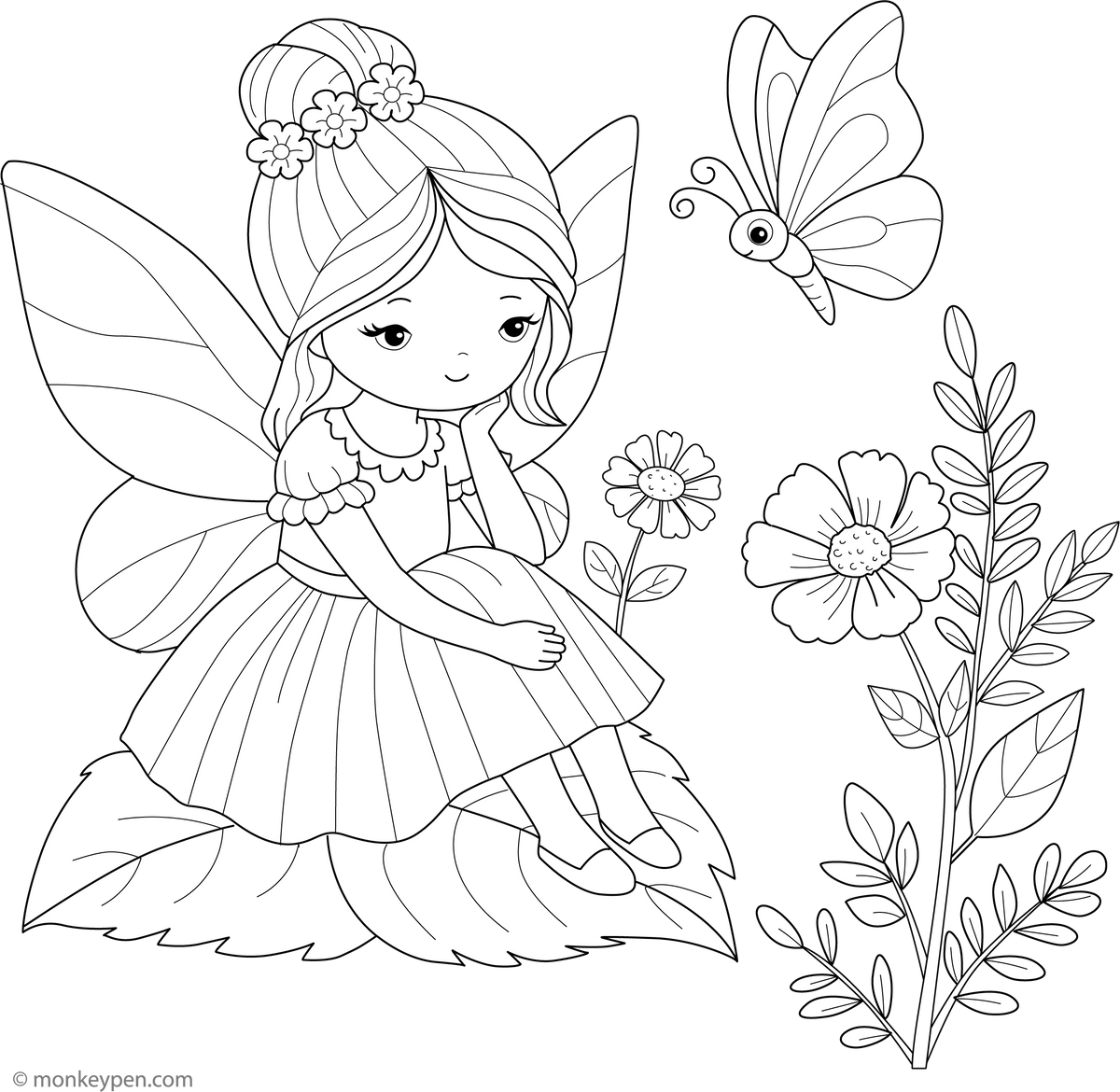Fairy And Butterfly Coloring Page