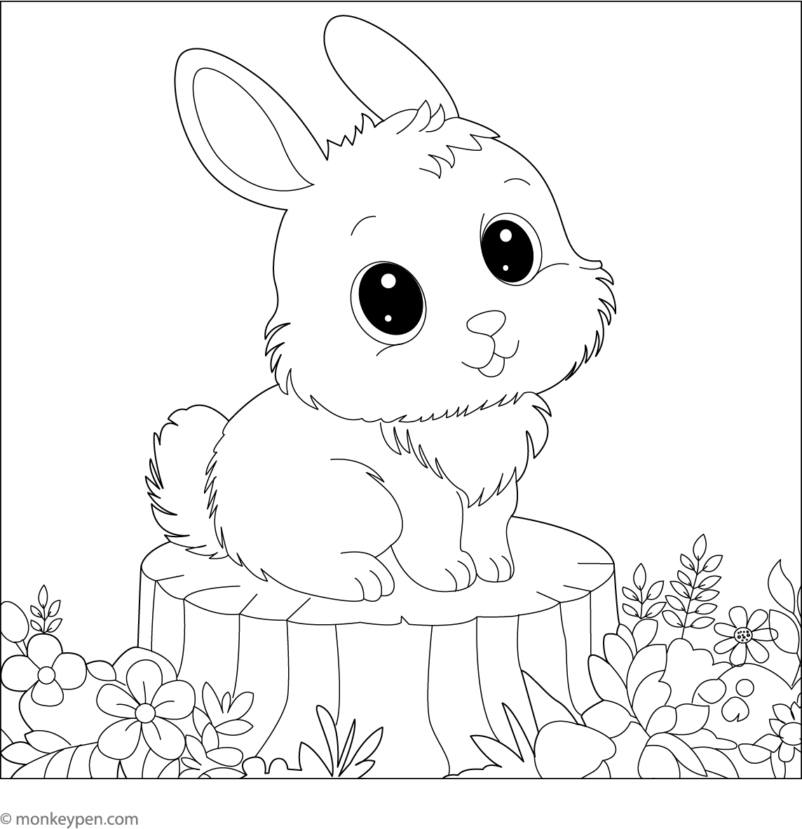 Cute Bunny Sitting On A Tree Stump Coloring Page