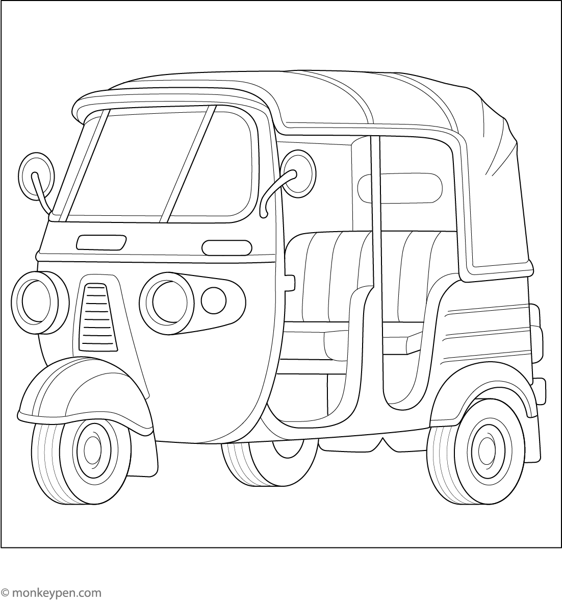 Printable Auto Rickshaw Coloring Page PDF for Children
