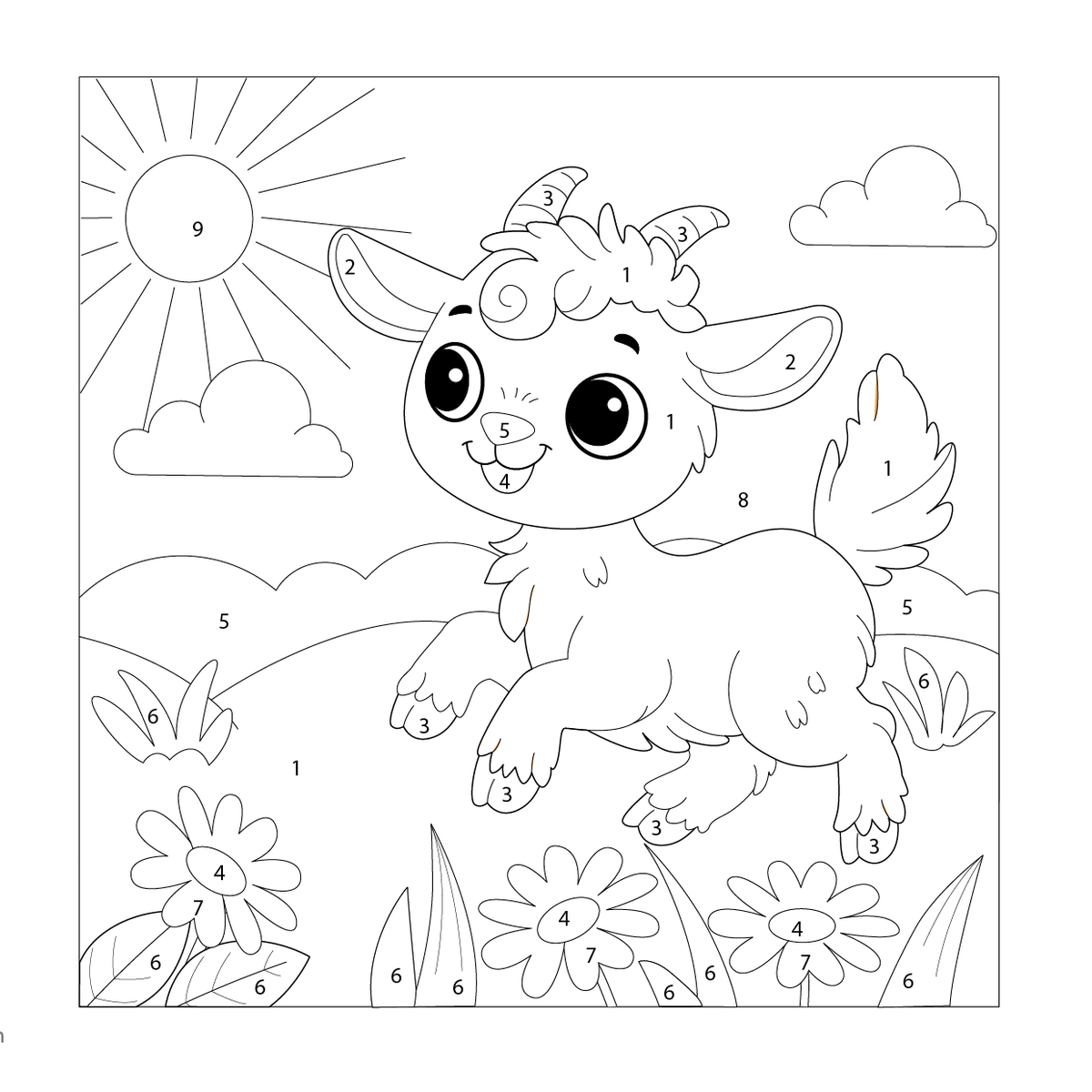 Goat in Meadows – Free Farm Color by Number PDF