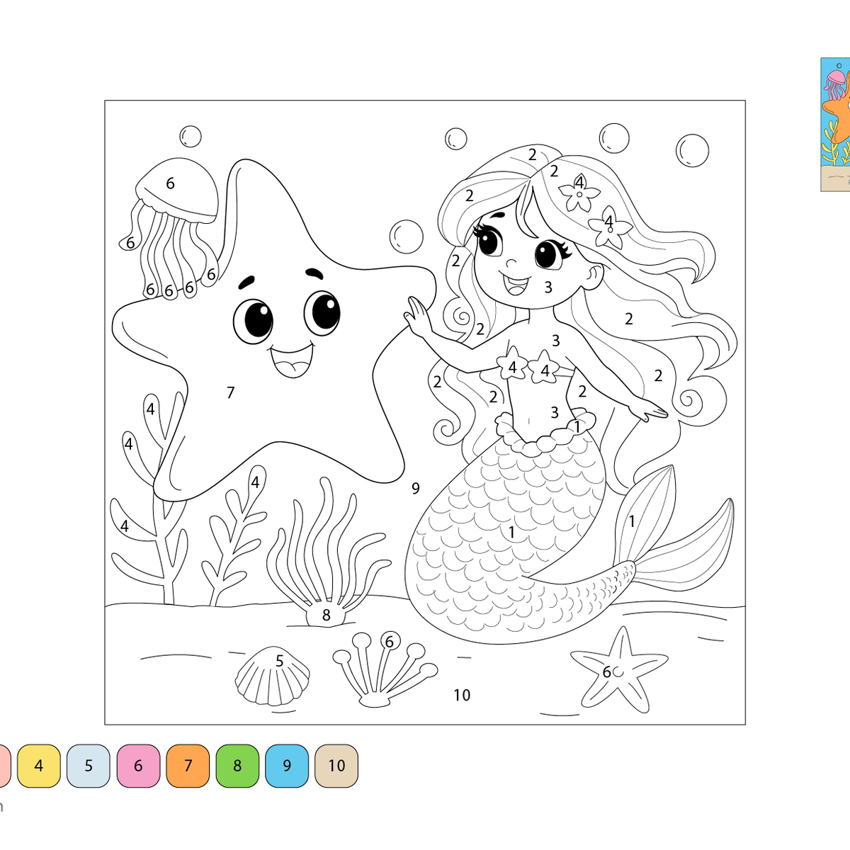 Color by Number – Starfish and Mermaid Printable PDF