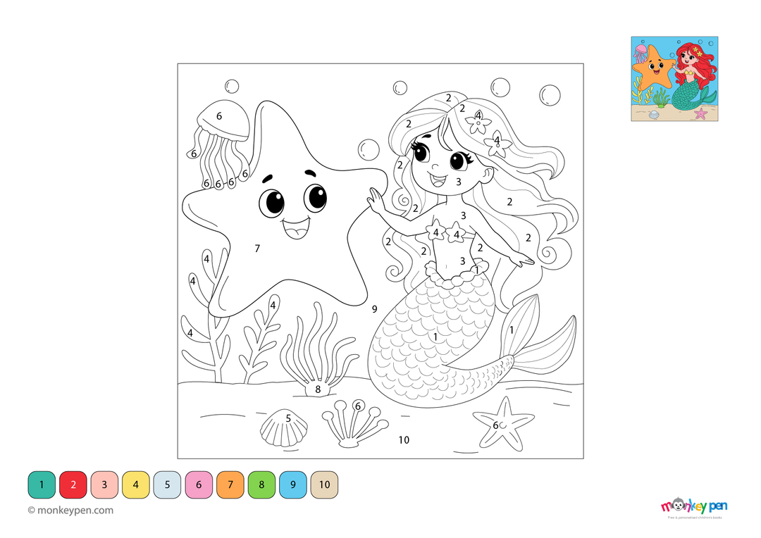 Color by Number – Starfish and Mermaid Printable PDF