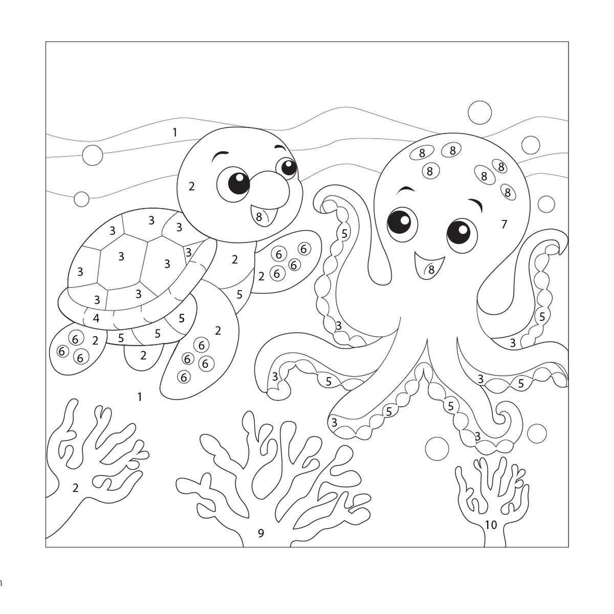 Color by Number – Turtle and Octopus Printable PDF