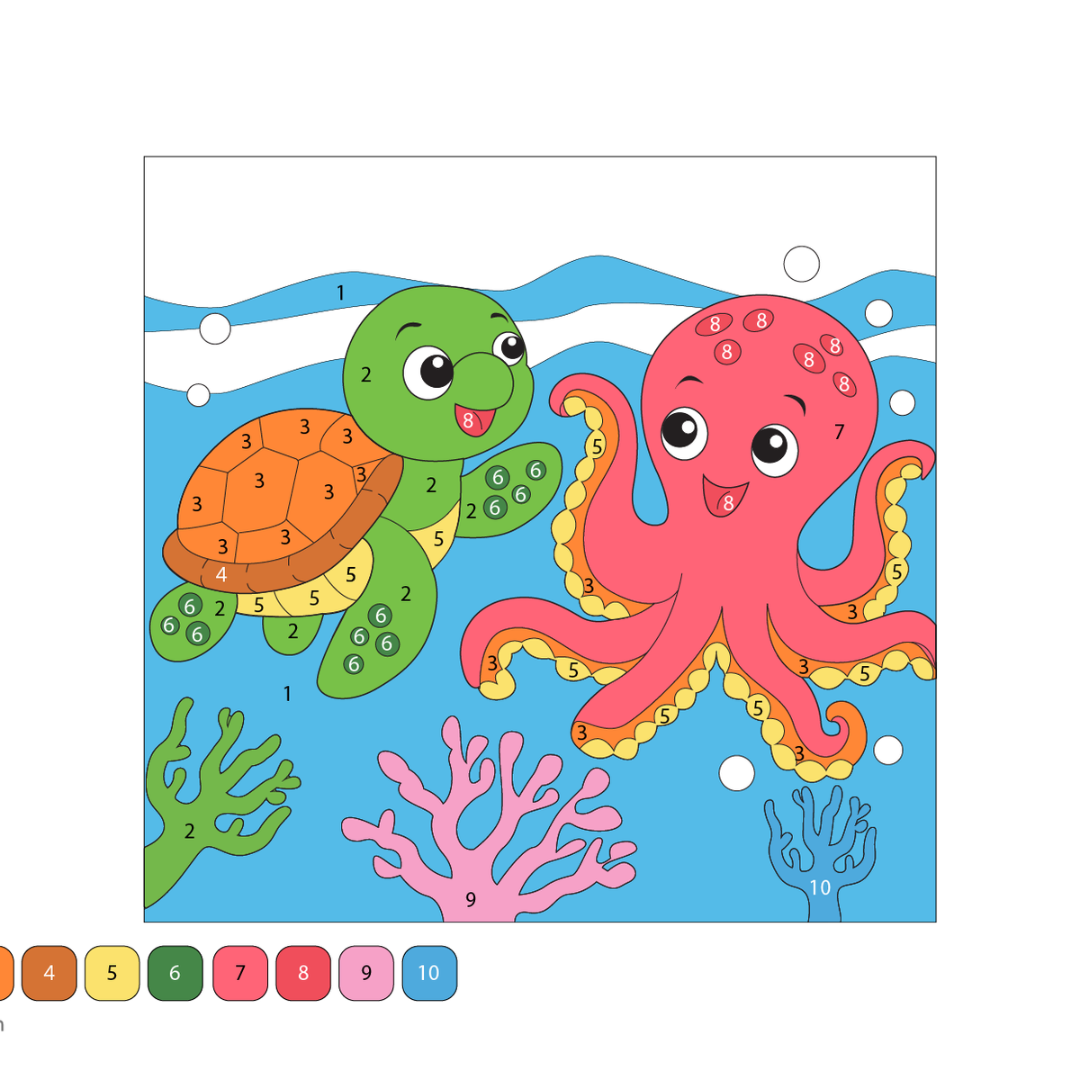Color by Number – Turtle and Octopus Printable PDF