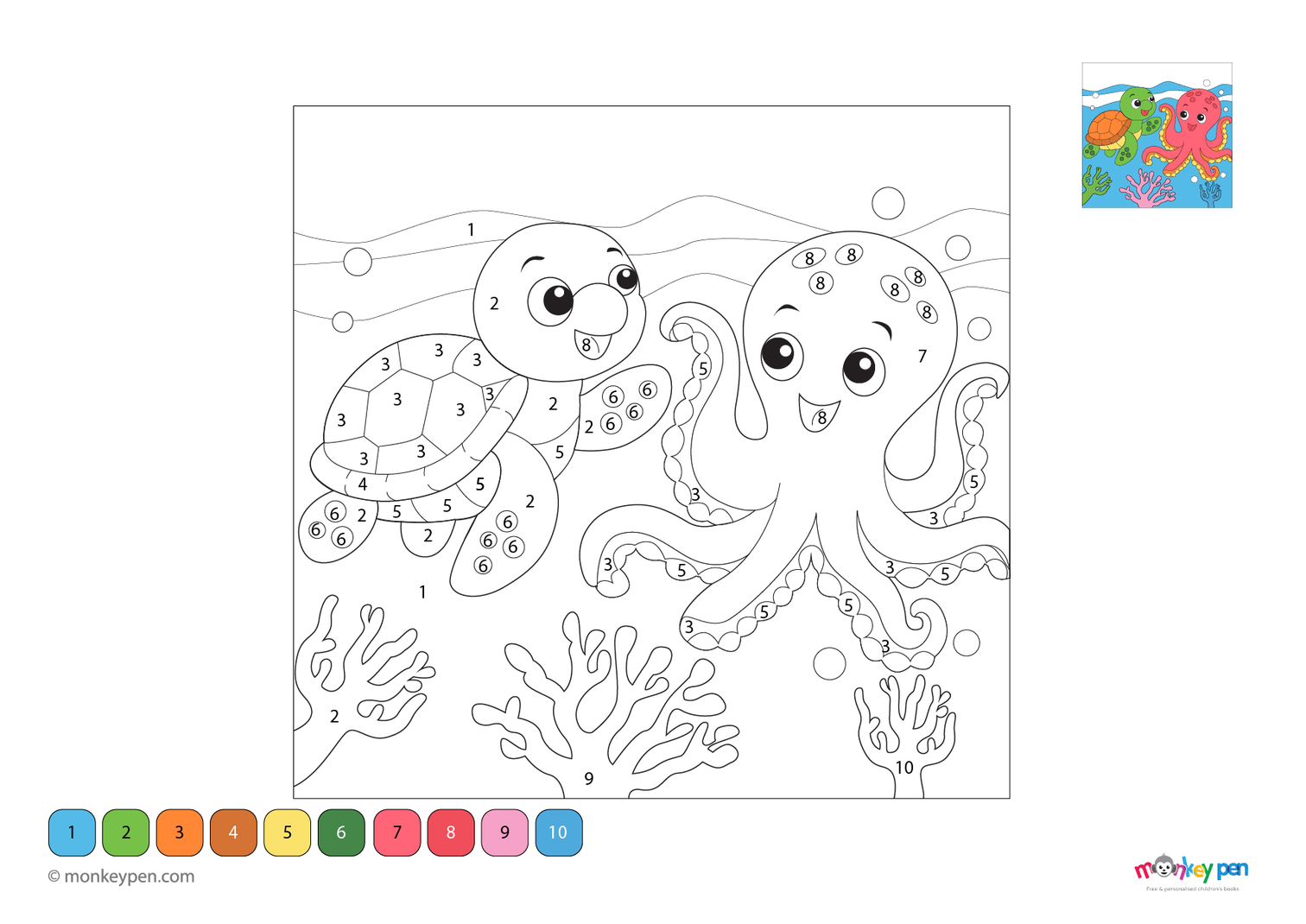 Color by Number – Turtle and Octopus Printable PDF