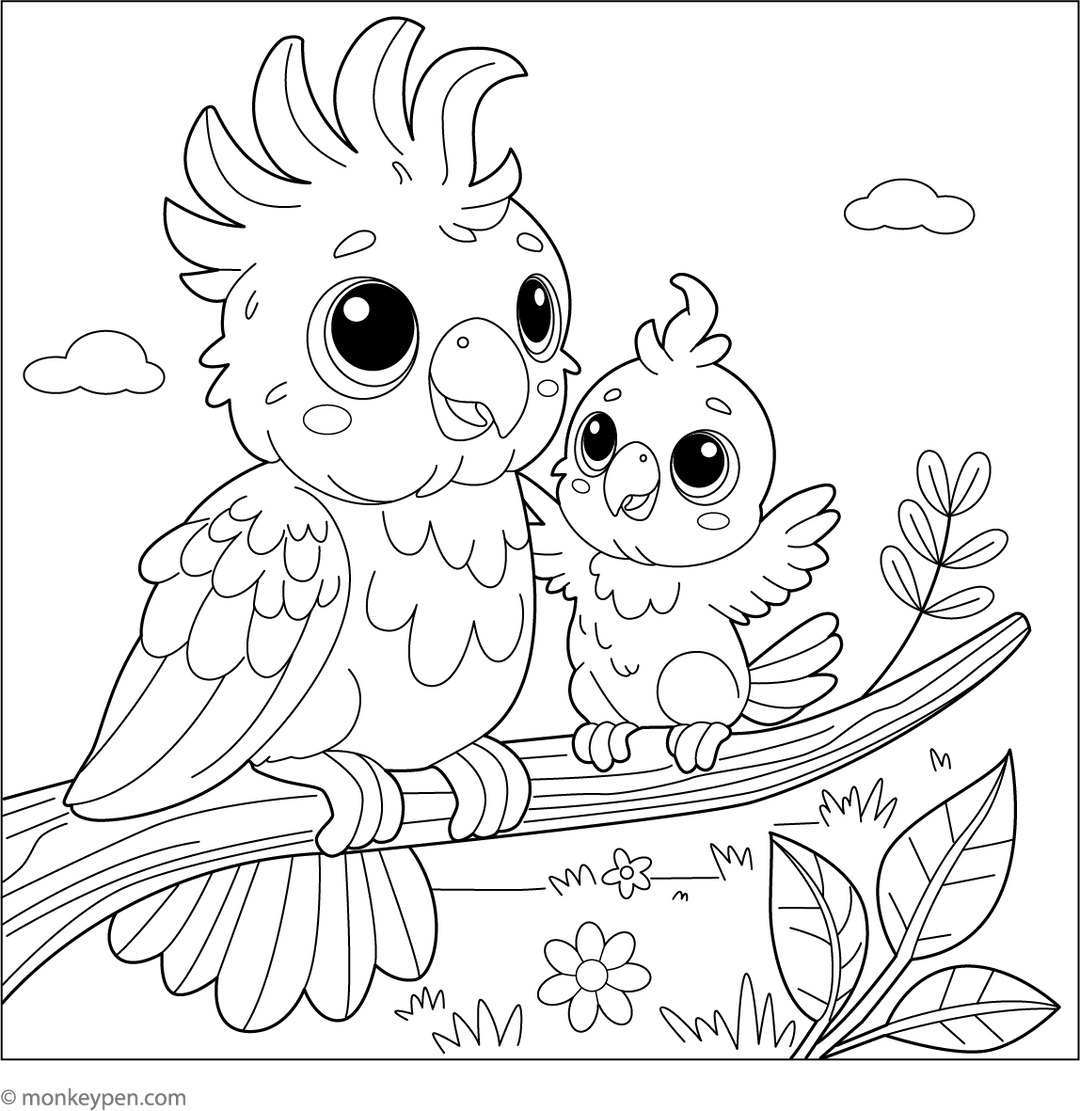Baby Cockatoo And Mother Coloring Page