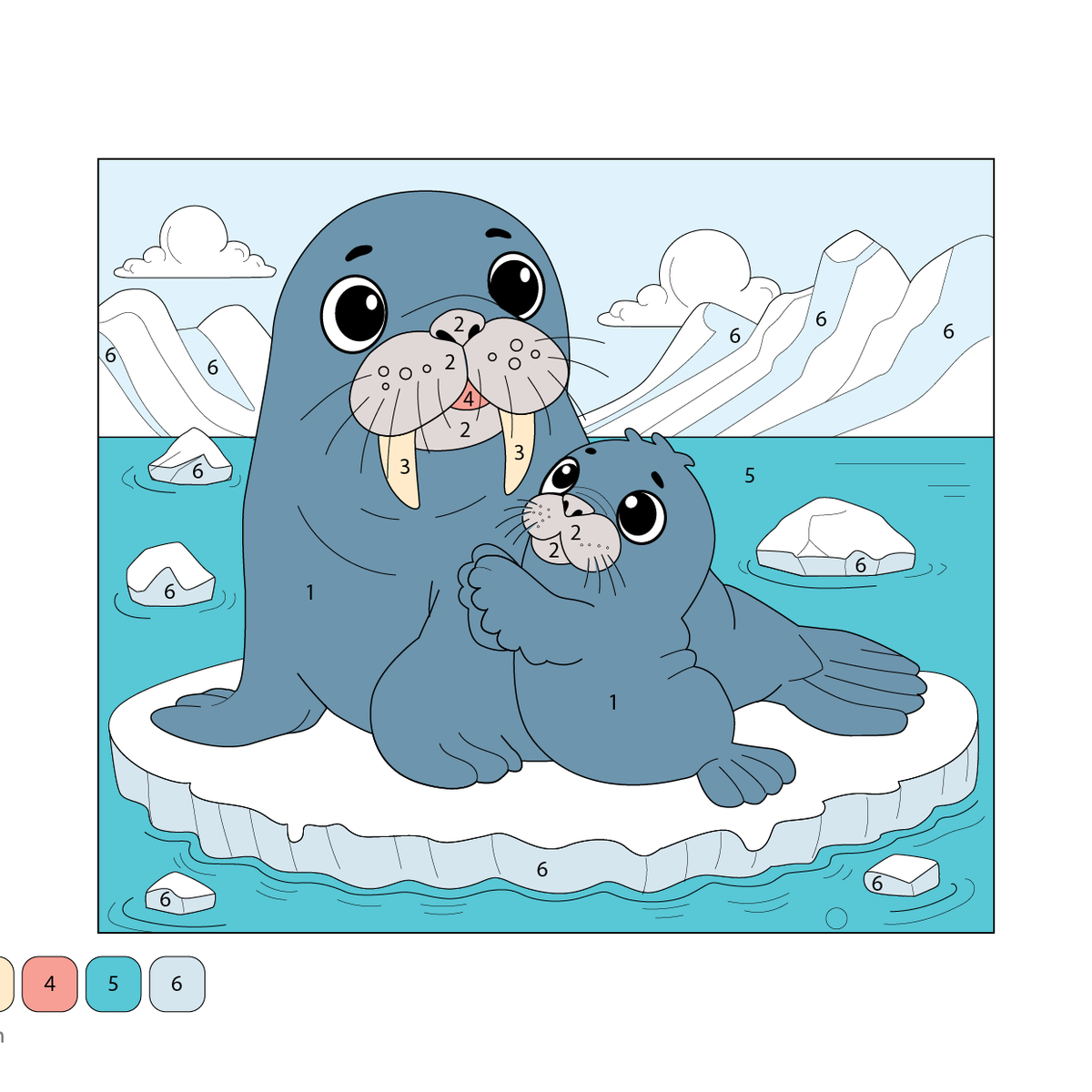 Walrus & Family – Color by Number Arctic PDF for Kids