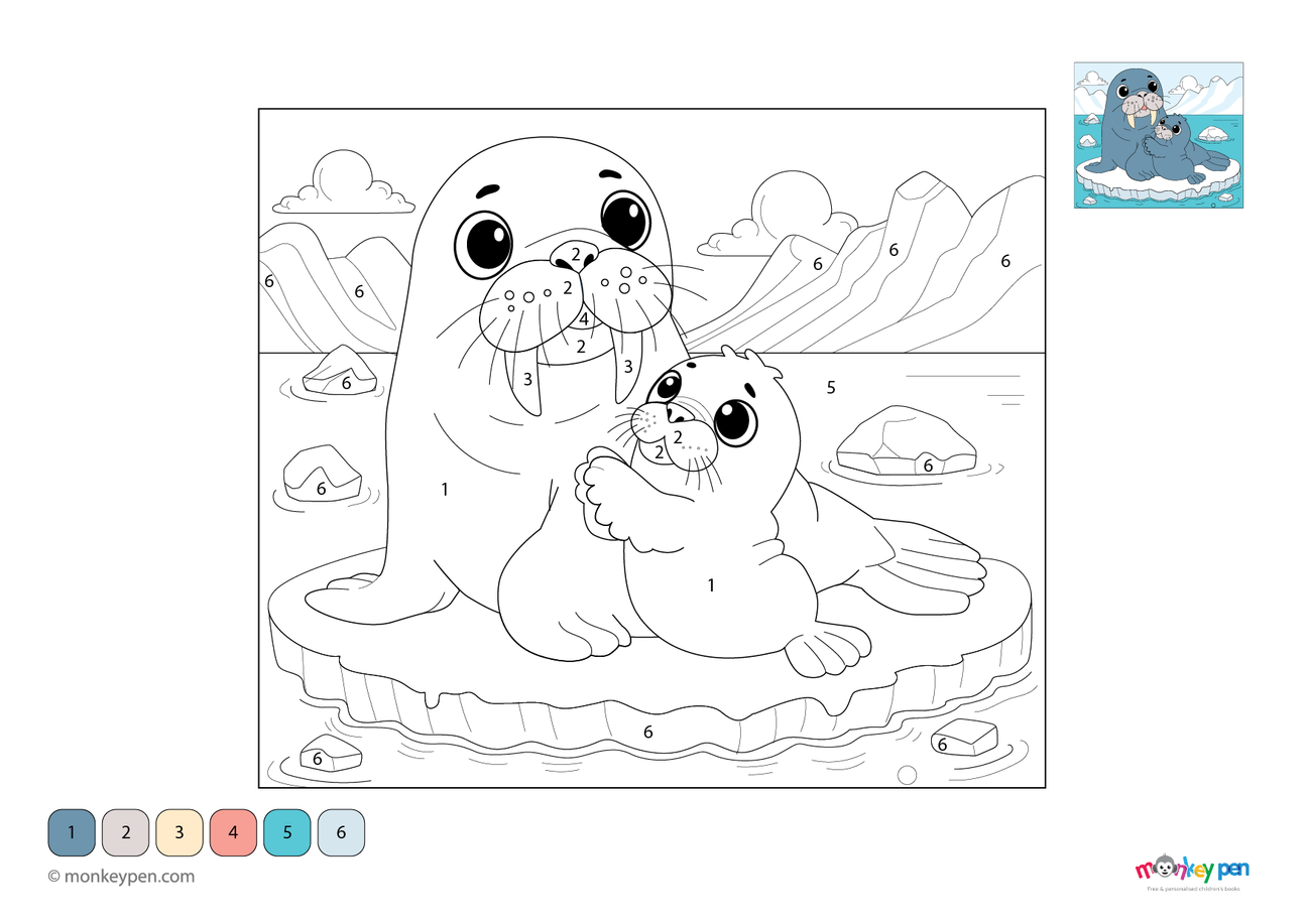 Walrus & Family – Color by Number Arctic PDF for Kids