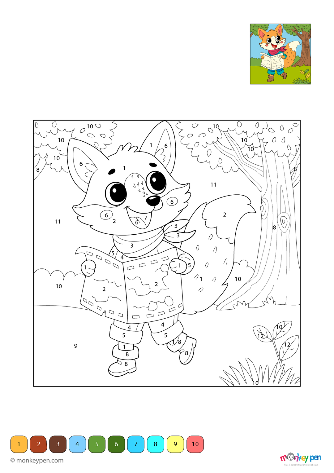 Fox Color by Number | Print & Color Free Pages for Kids